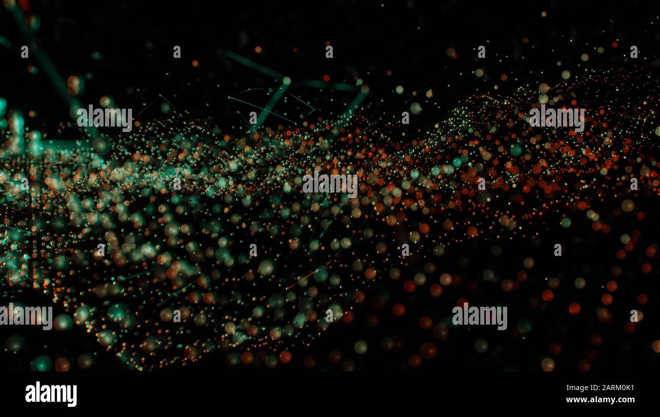 Plexus of abstract orange and green dots on a black background. Loop animations. 3D illustration ...