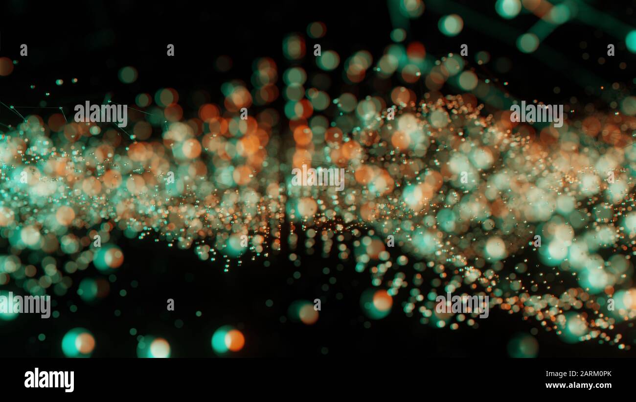 Plexus of abstract orange and green dots on a black background. Loop animations. 3D illustration ...