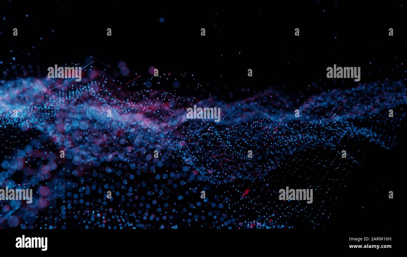 Plexus of abstract red and blue dots on a black background. Loop animations. 3D illustration ...