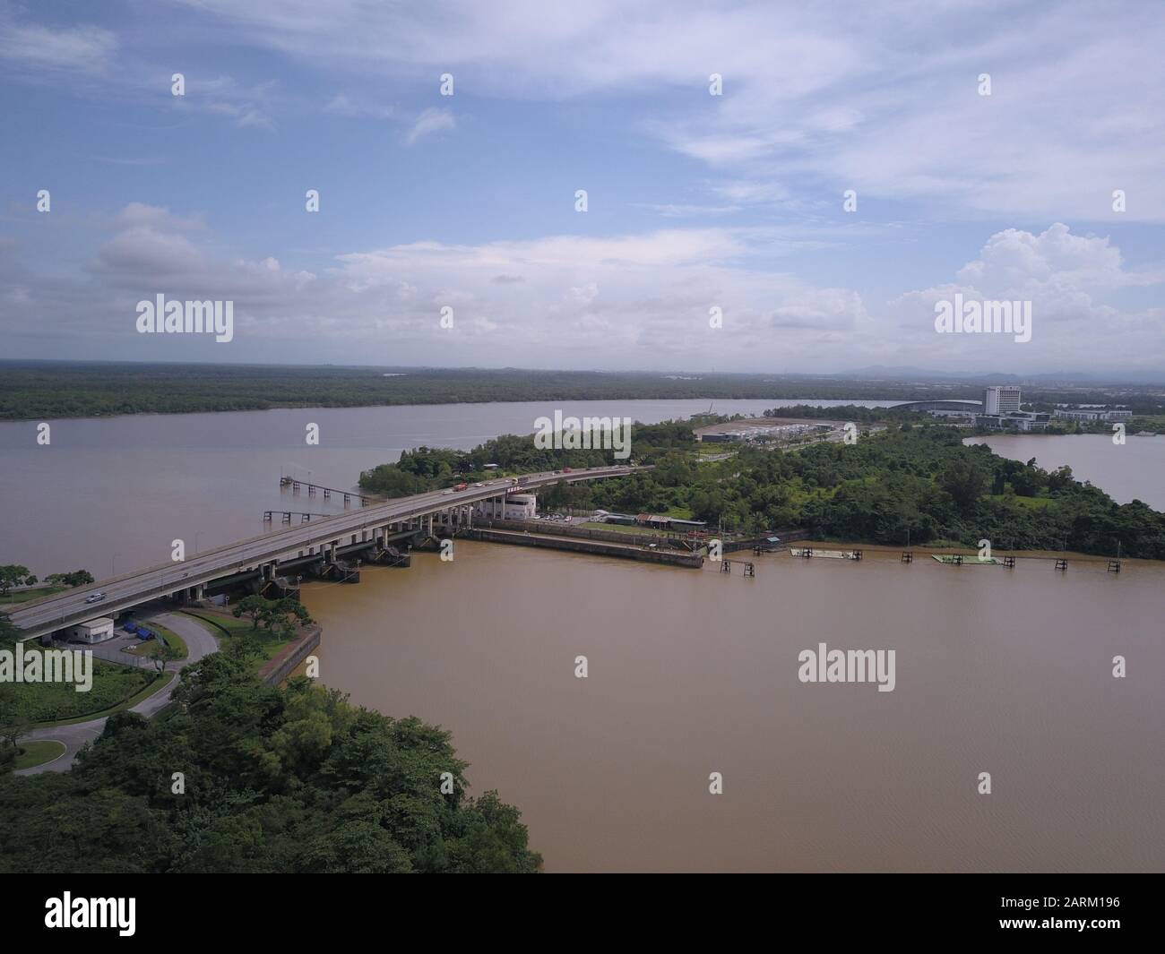 Aerial view of a barrage at the Kuching Isthmus island, with ships ...