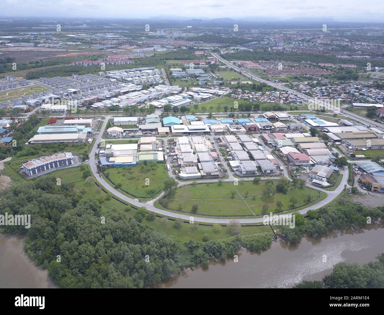 Aerial view of a barrage at the Kuching Isthmus island, with ships ...