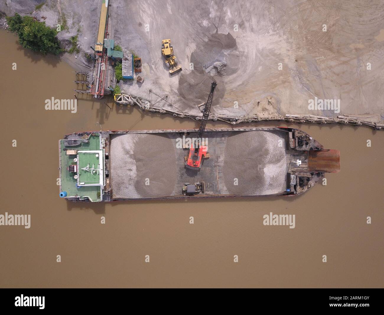 Aerial view of a barrage at the Kuching Isthmus island, with ships ...