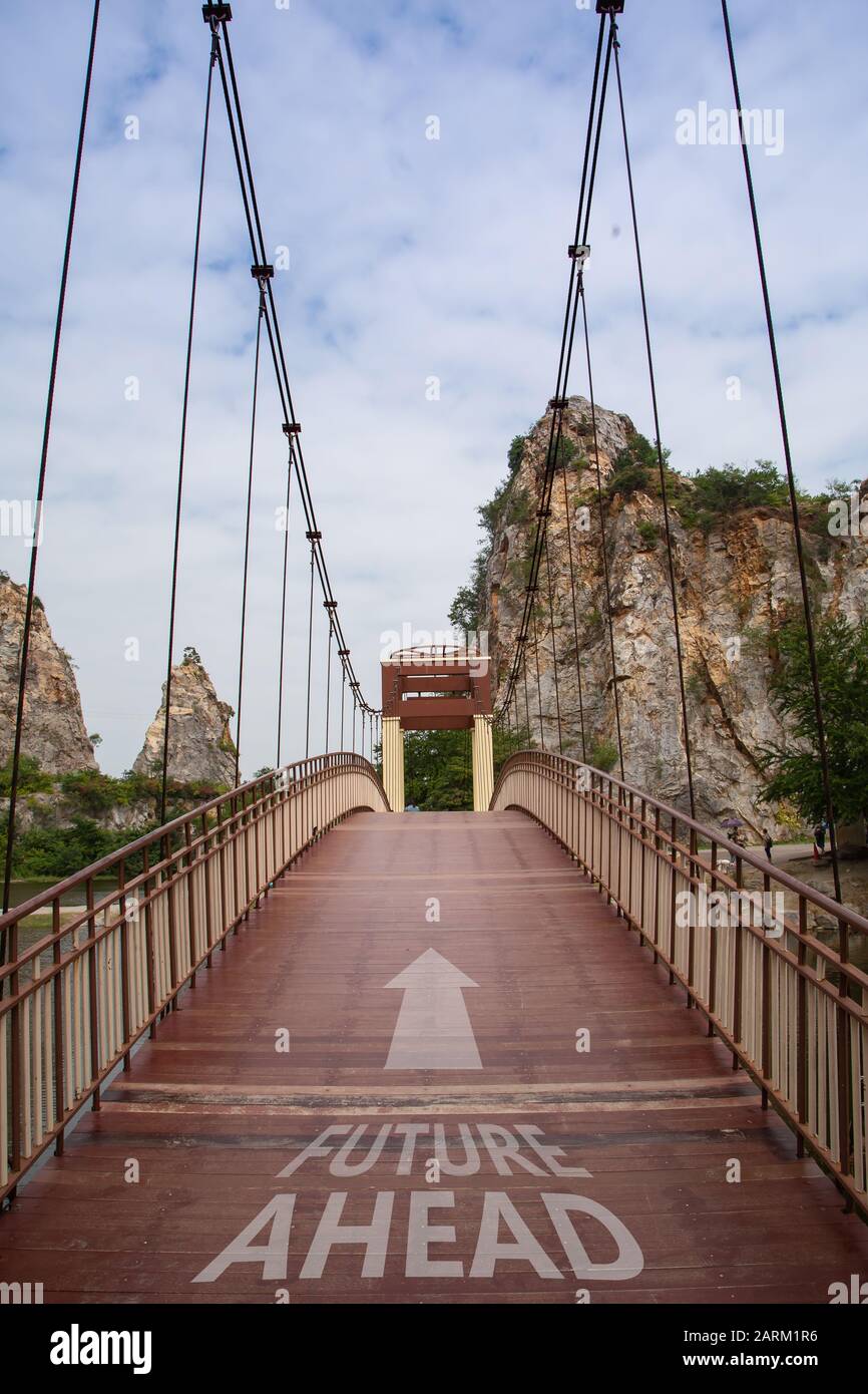 Arrow with text Future Ahead on the sling bridge crossing lake for ...