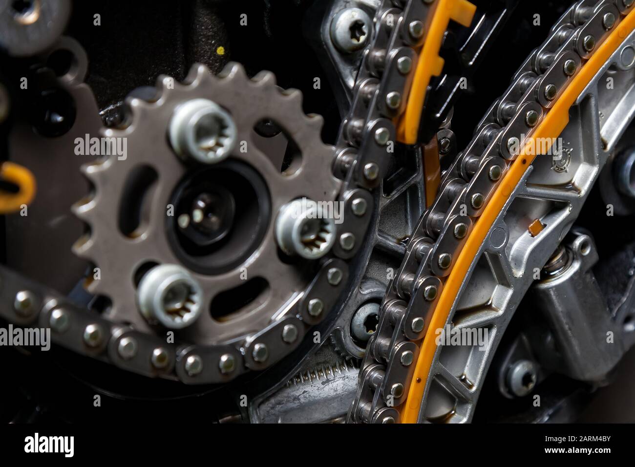 Gear, chain drive shaft in conveyor, belt is on production line. Timing ...