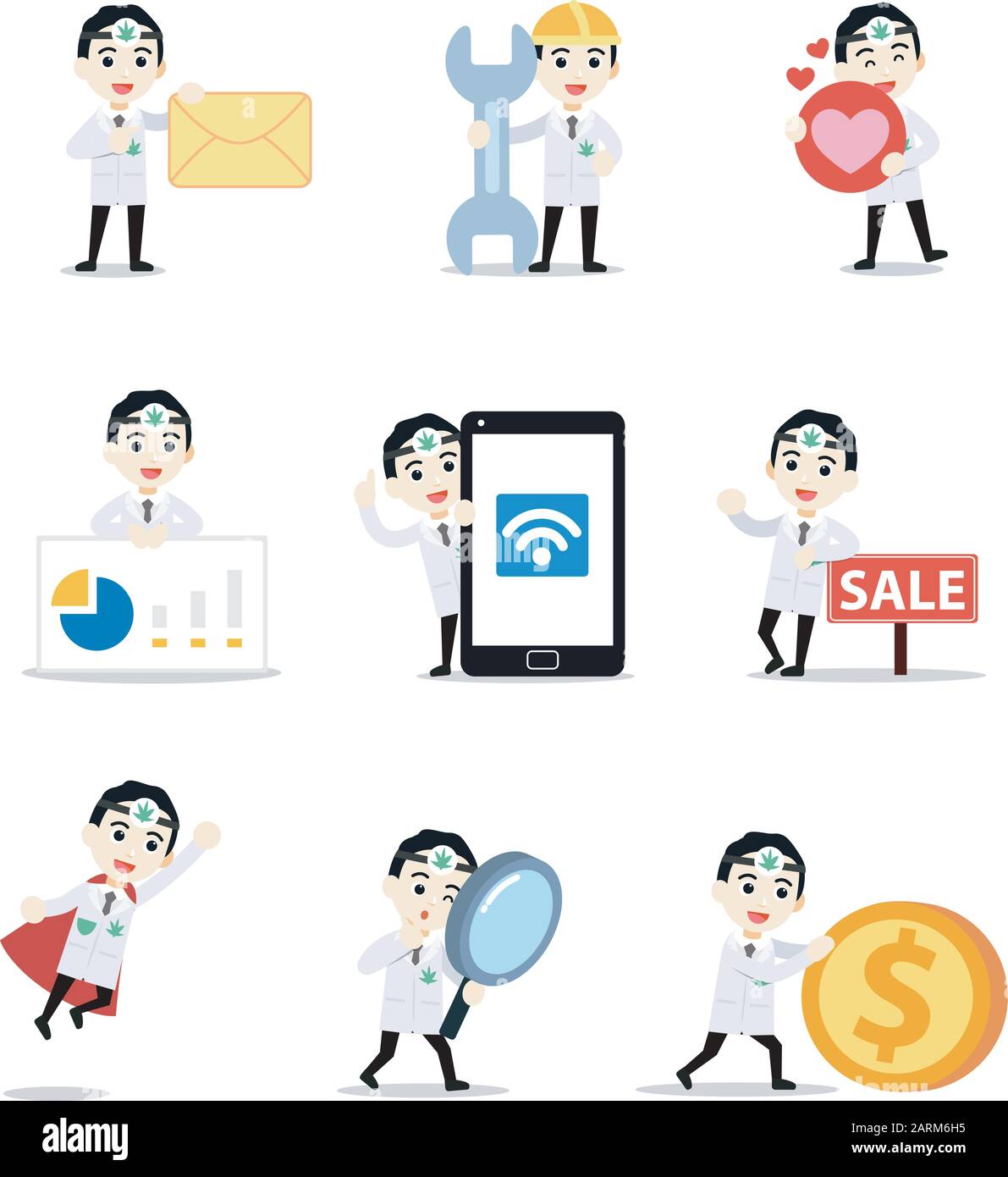 Set of character male marijuana doctor working in health care clinic ...