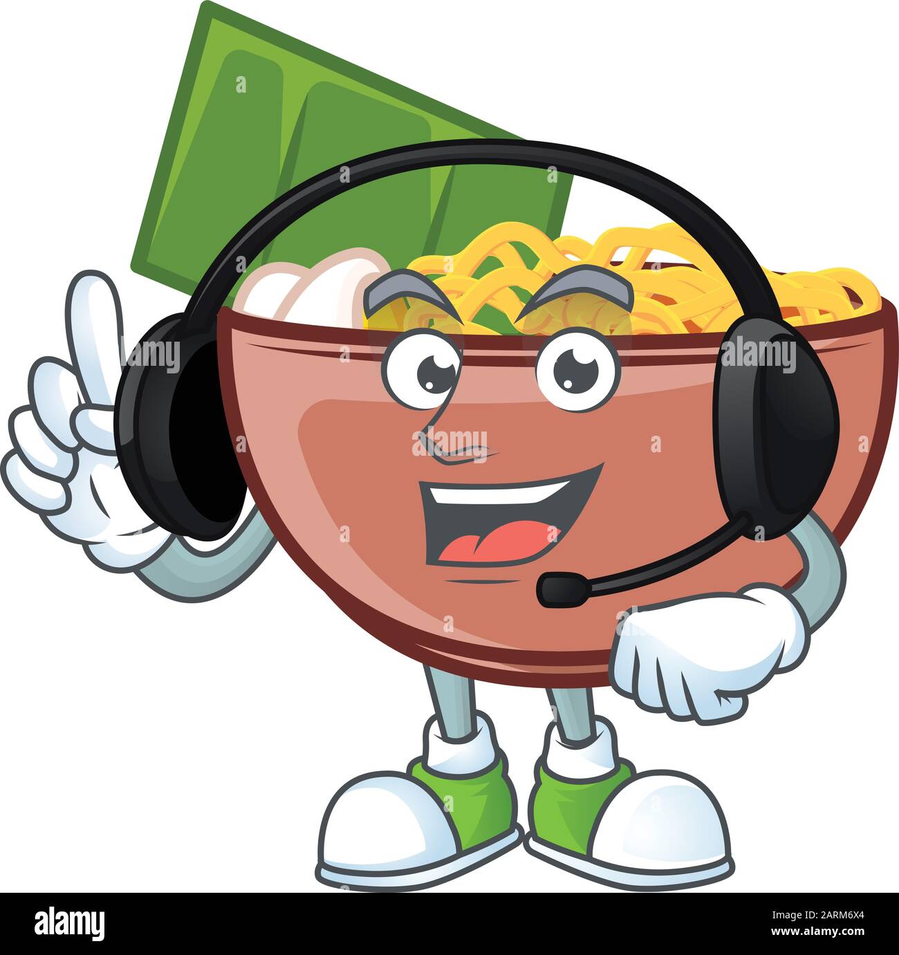 Smiley bowl of noodle cartoon character design wearing headphone Stock ...