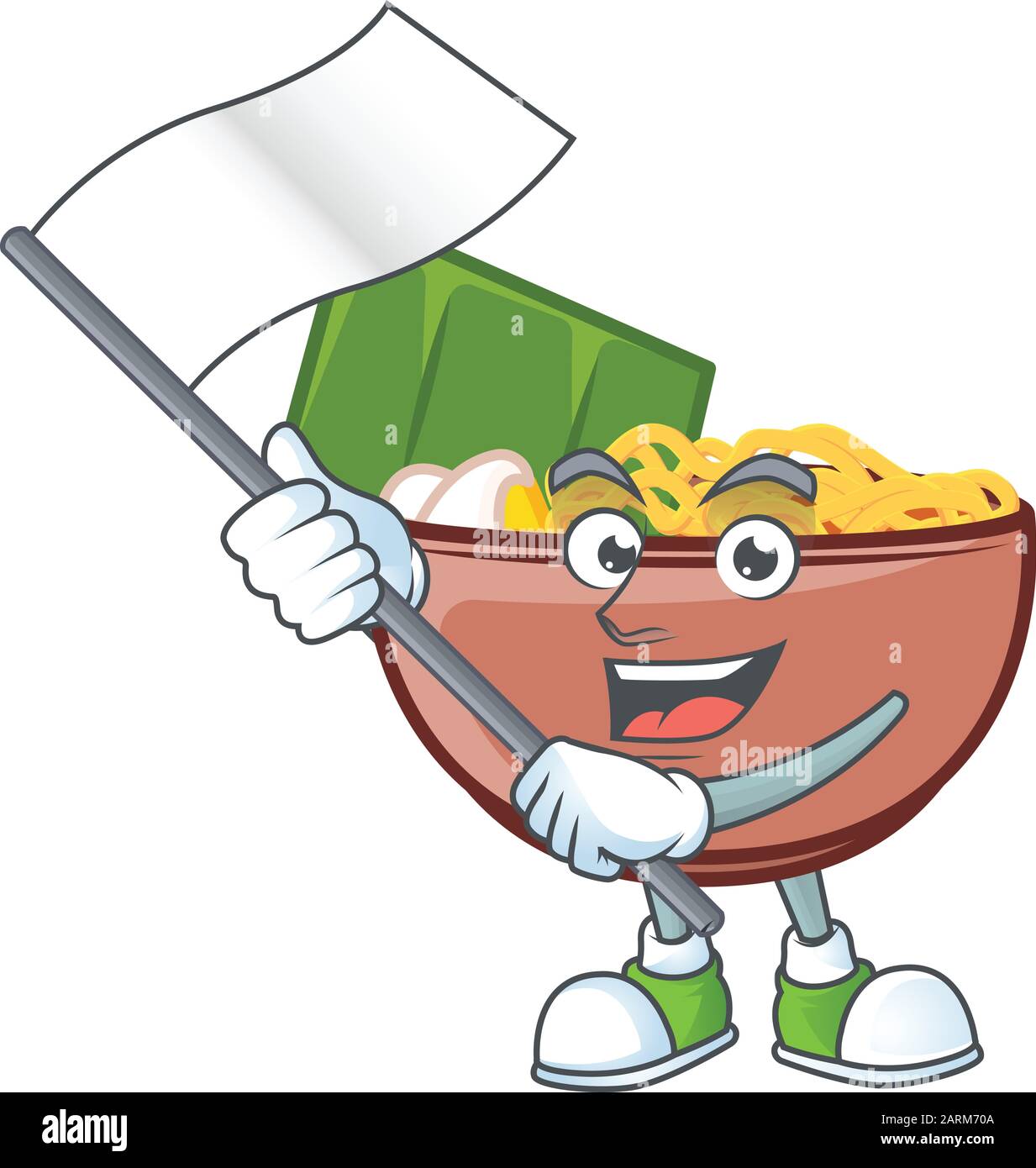 Funny bowl of noodle cartoon character style holding a standing flag ...