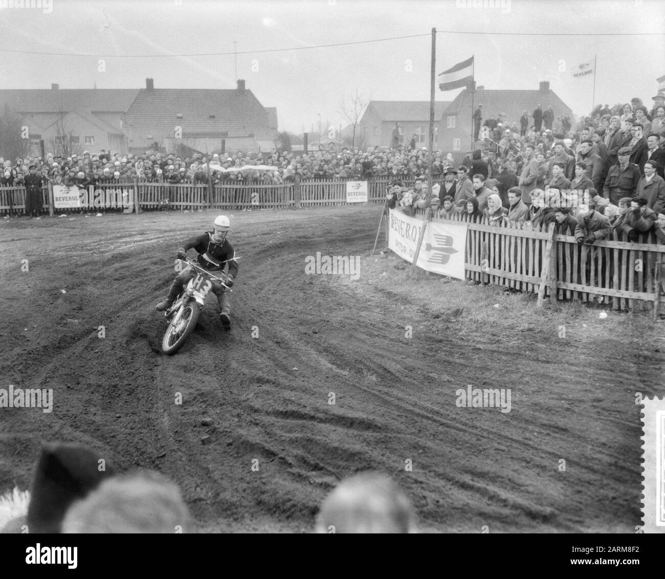 International Motocross 1959 in St. Anthonis Jan Clynk with broken ...