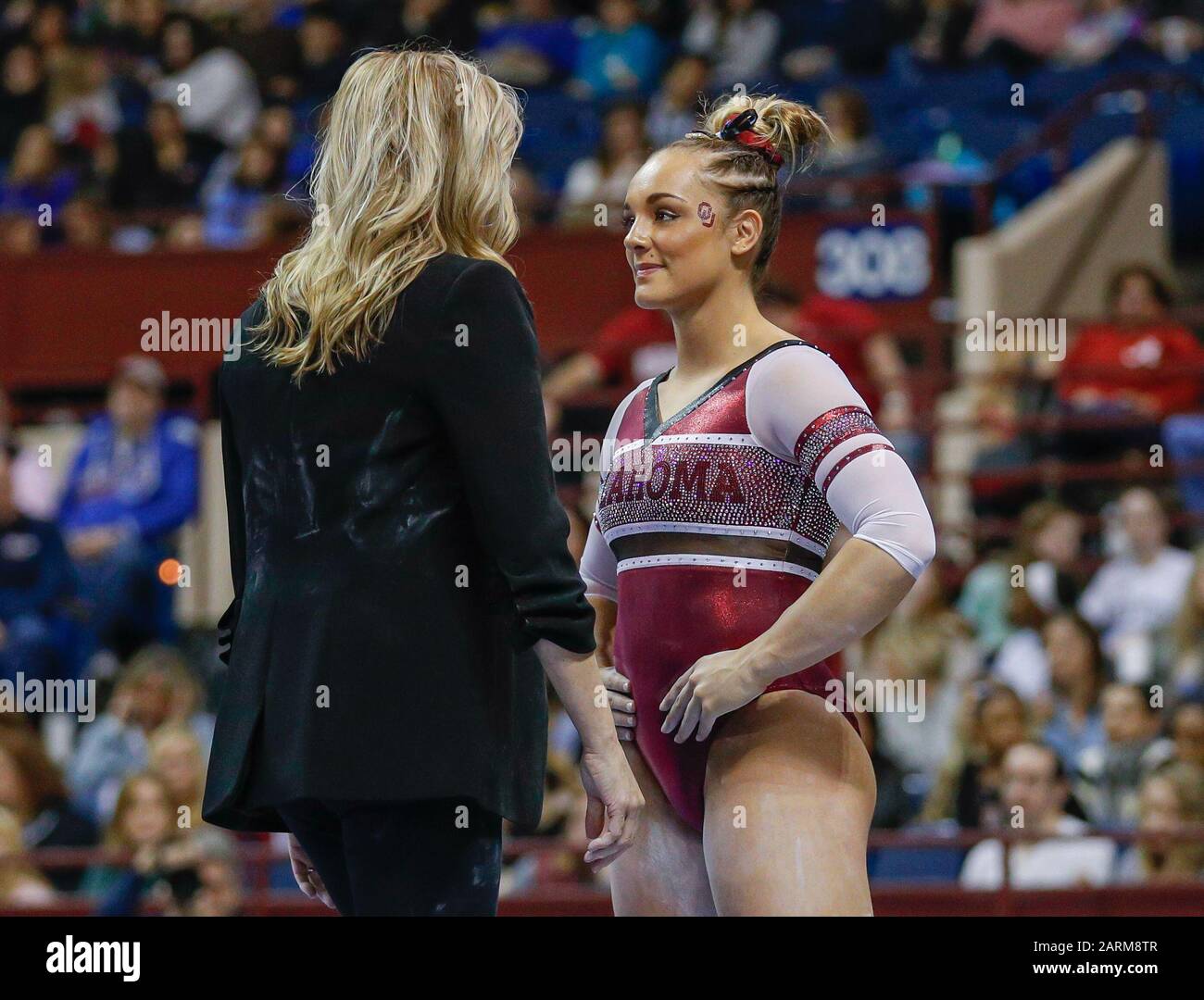 January 25, 2020: Oklahoma's Maggie Nichols speaks with head coach K.J ...