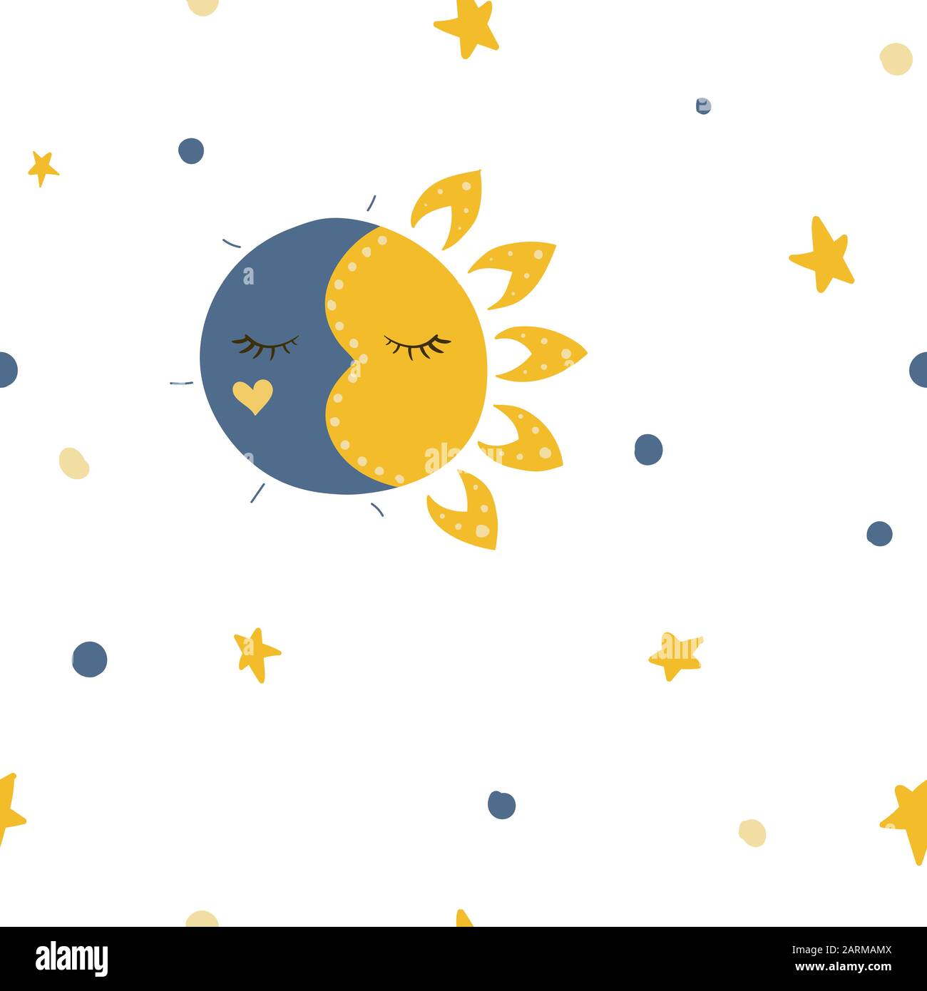 Sleeping sun and moon. Stars in the sky. Vector illustration. Night and ...