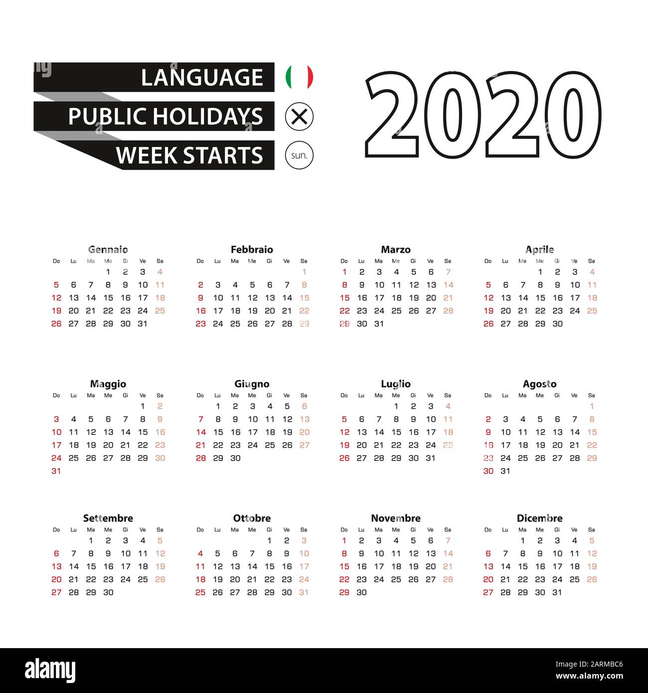 2020 calendar in Italian language, week starts from Sunday. Vector ...