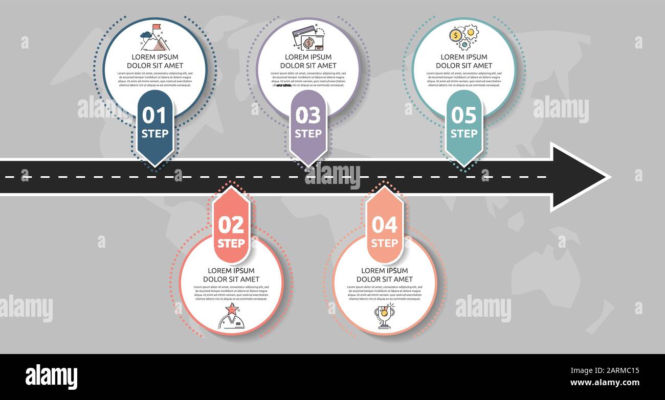 Modern road infographic template with circles. Business concept with 5 ...