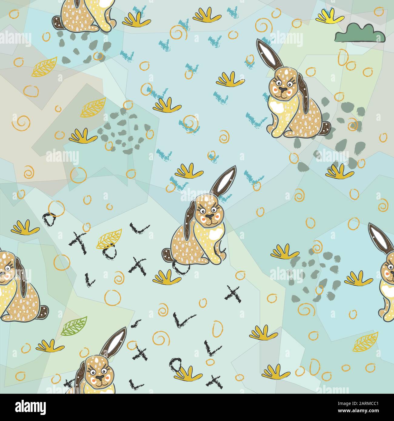 Seamless Pattern with cute bunnies. Hand Drawn cartoon Style. Vector ...