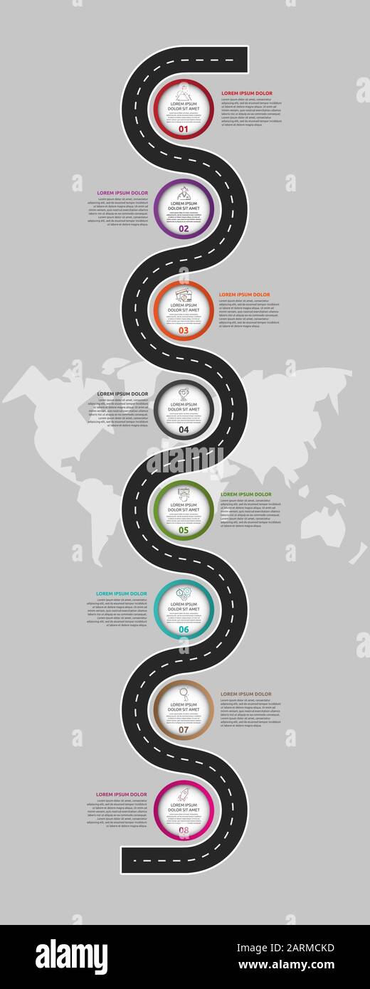 Modern road infographic template with circles. Business concept with 8 ...