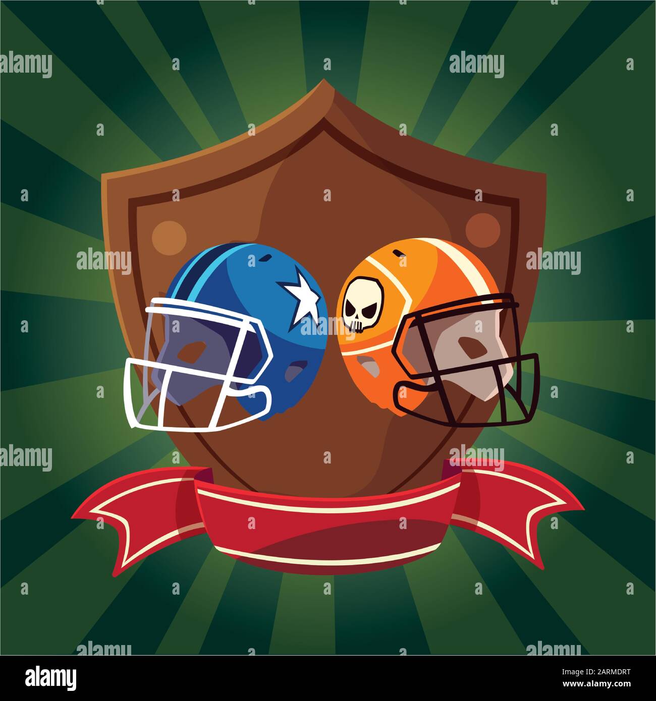american football helmets in shield with ribbon vector illustration ...