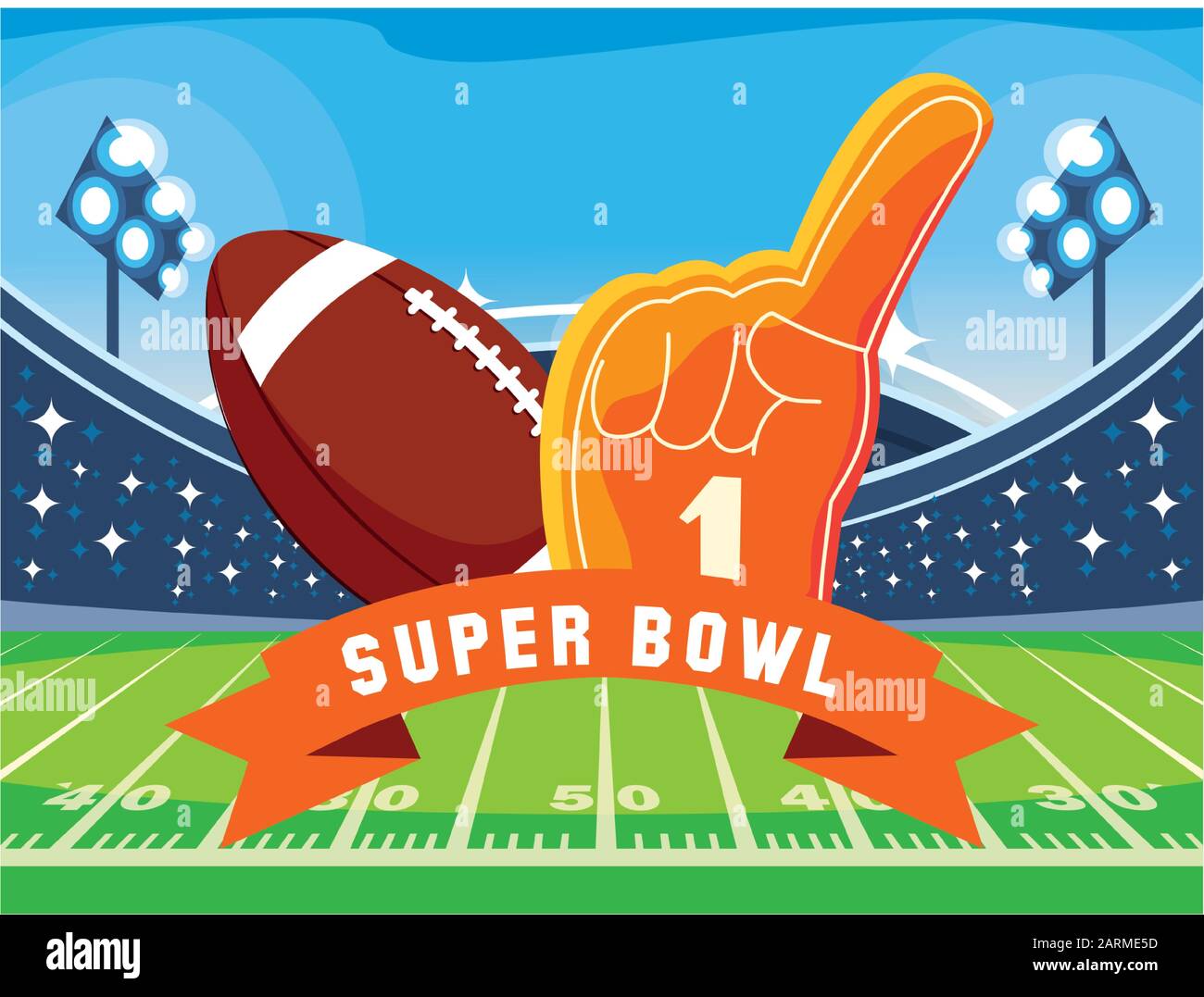 american football ball with hand glove, label super bowl vector ...