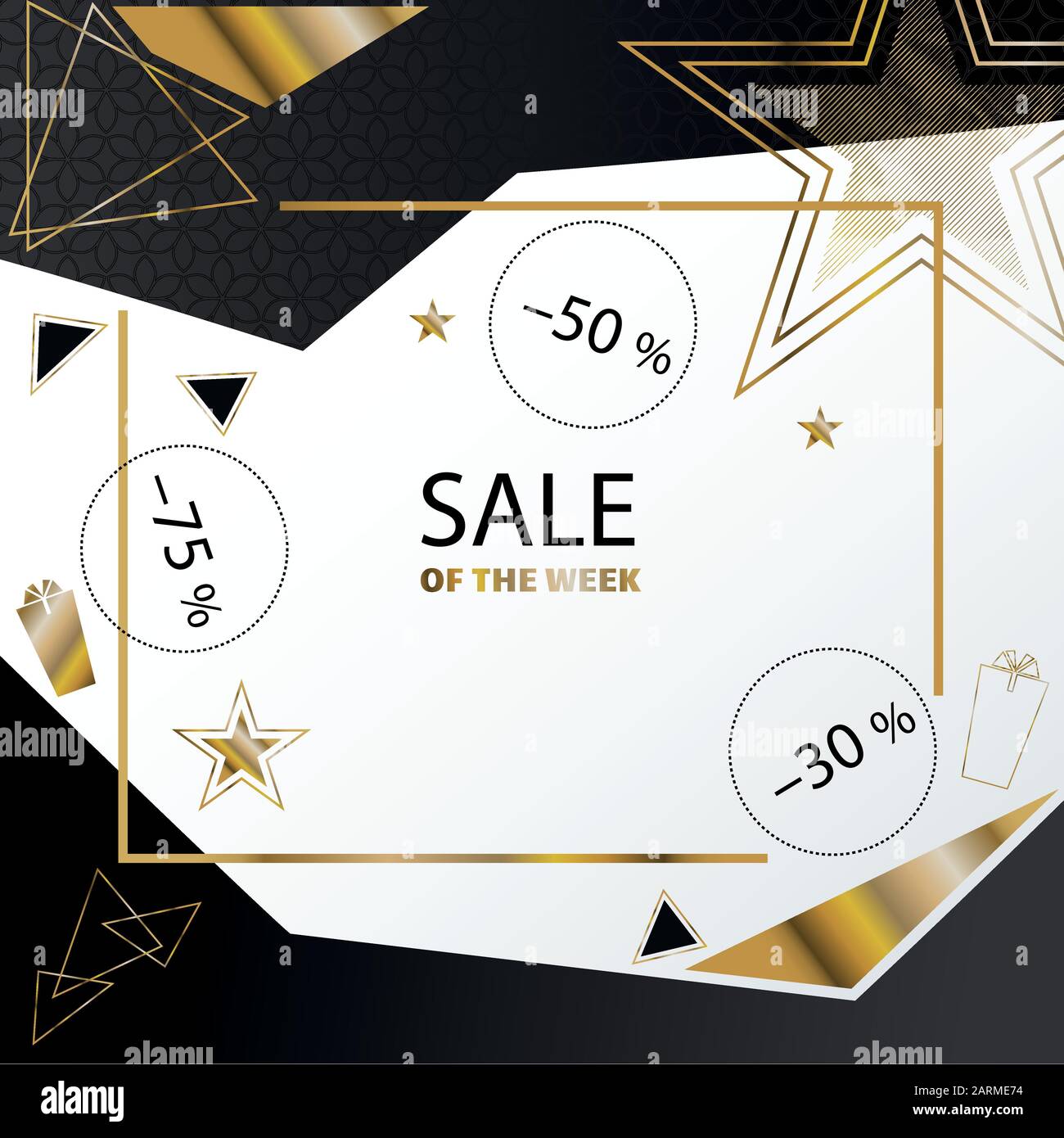 Official white square banner with gold black triangles, line . Business ...