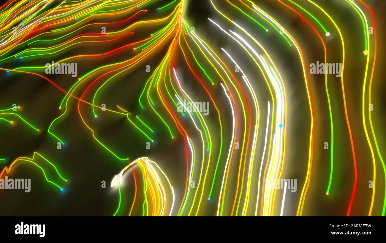 Neon glowing twisted cosmic lines on the surface of the planet ...
