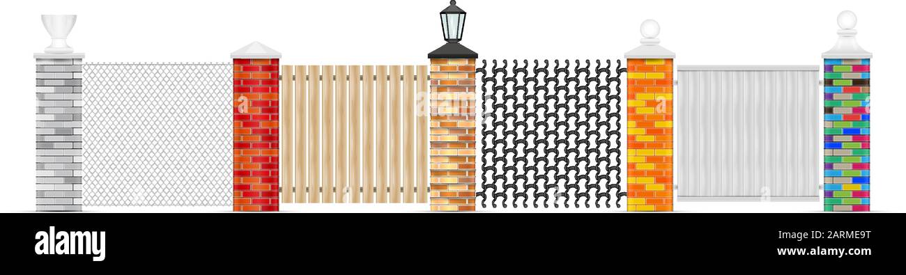 Brick fence posts vector isolated. Brick vector pillars of different ...