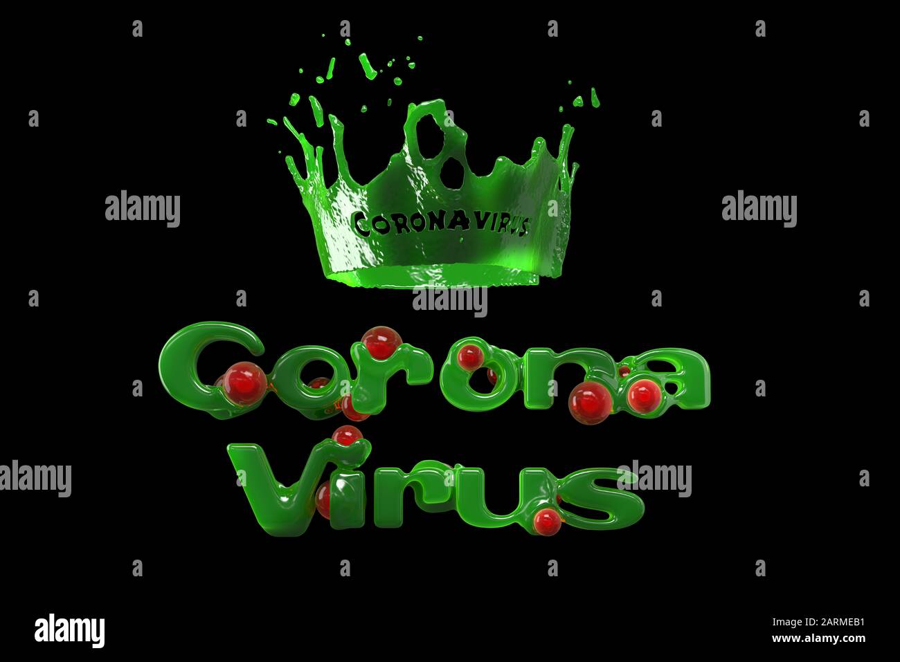 Coronavirus lettering inscription made by green flesh and red drops of ...