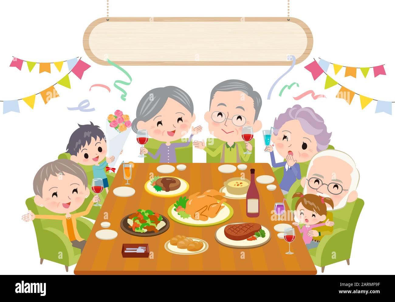 A scene where an old man is having a party. Vector art that is easy to ...