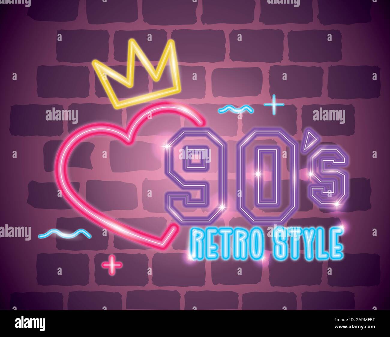 label nineties retro style neon light with crown and heart Stock Vector ...