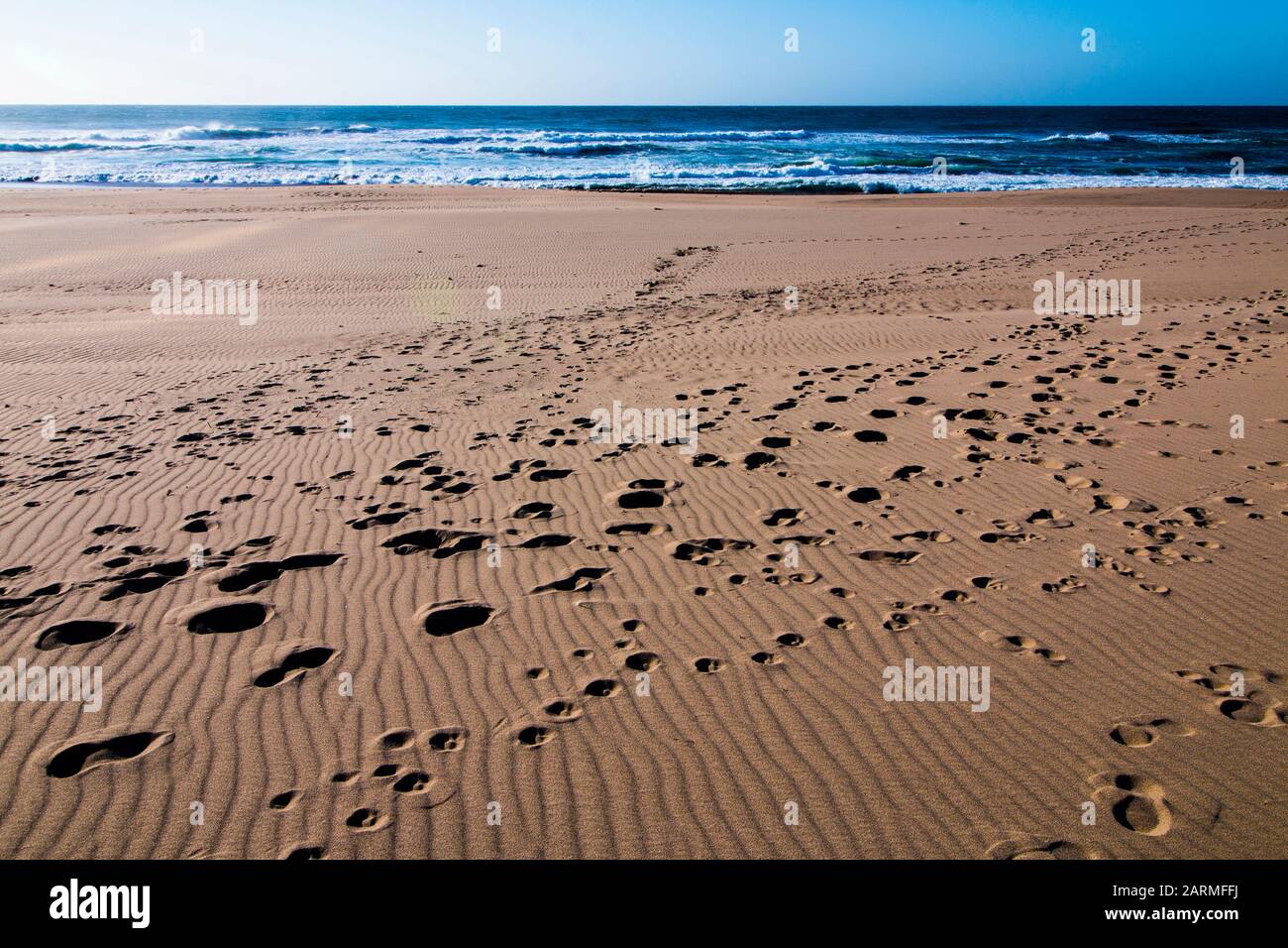 Footprints crossing beach leading to the water Stock Photo - Alamy