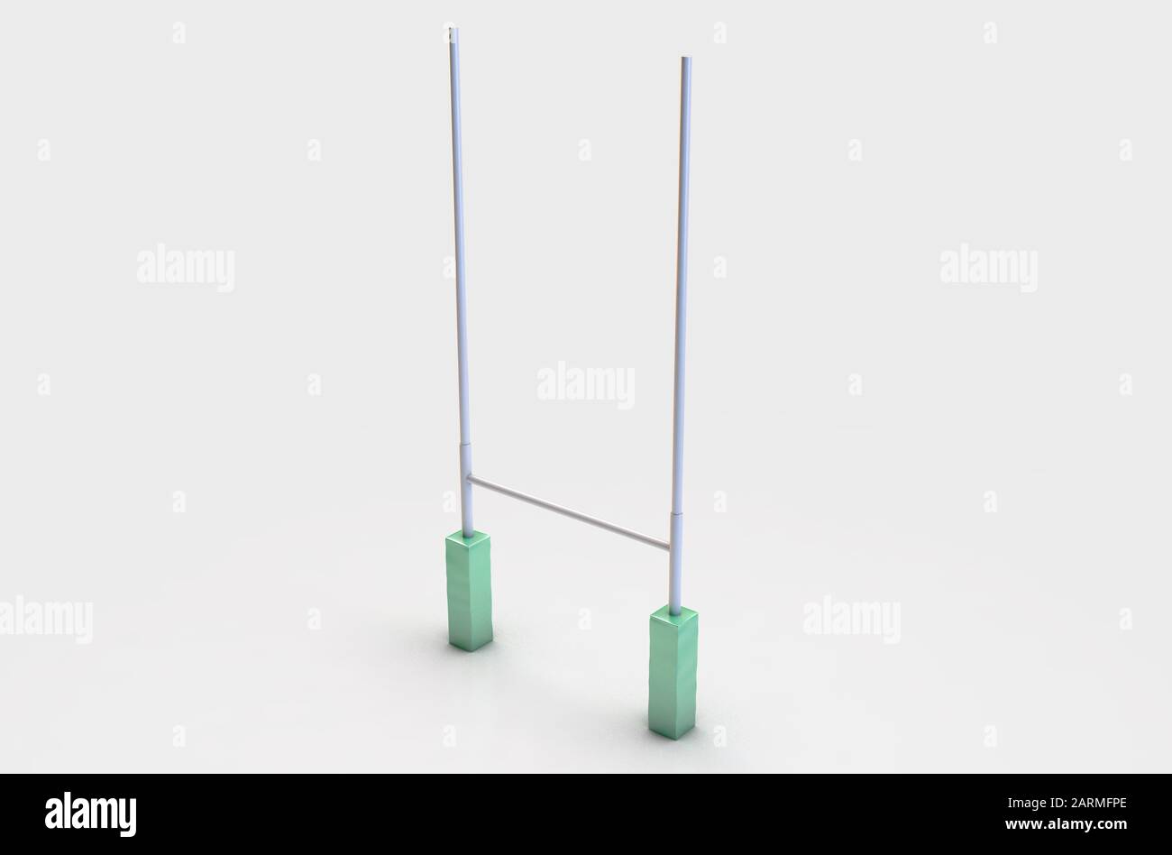 White rugby posts with green padding on an isolated white studio ...