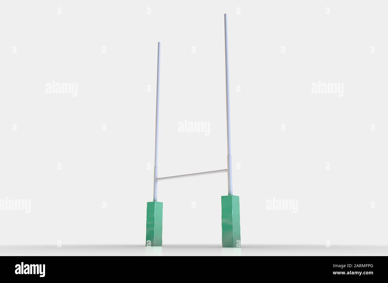 White rugby posts with green padding on an isolated white studio ...
