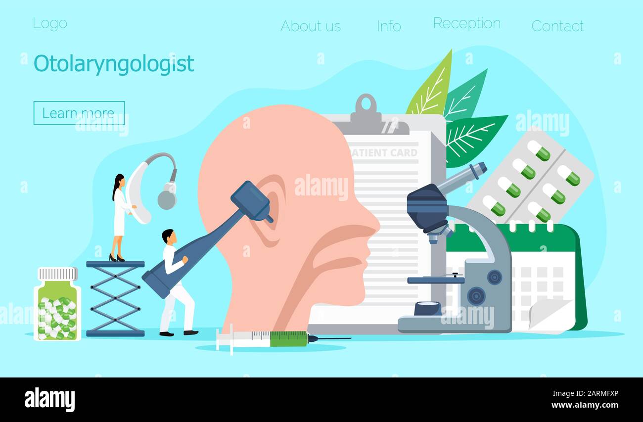 Otolaryngologist vector web template for landing page, header. Tiny doctors treat and exemine ...