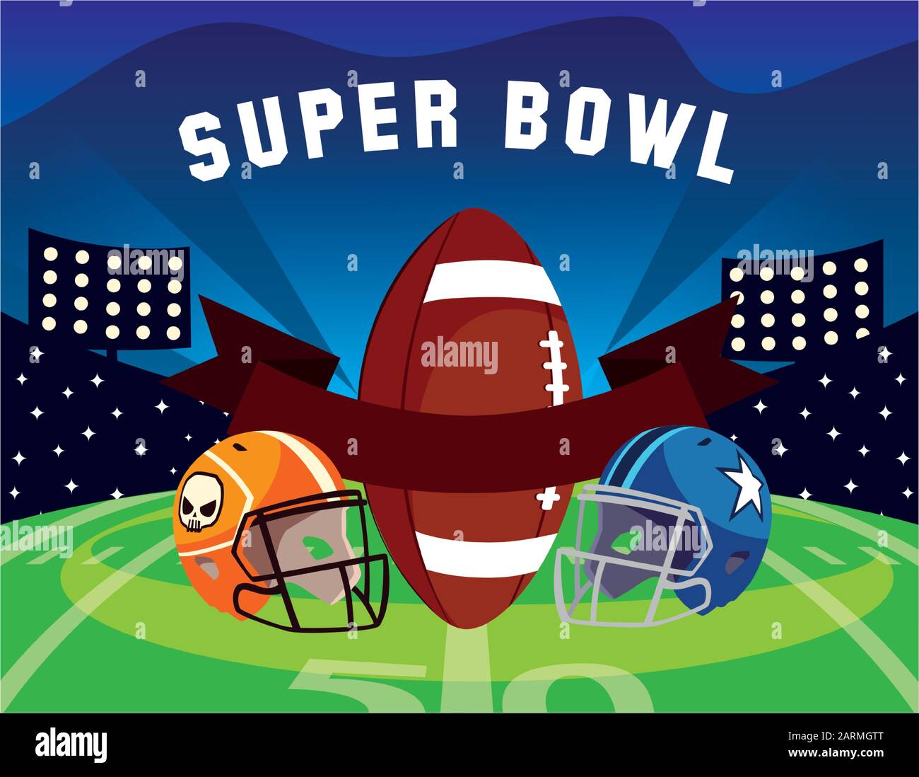 helmets and ball american football on stadium, label super bowl vector ...