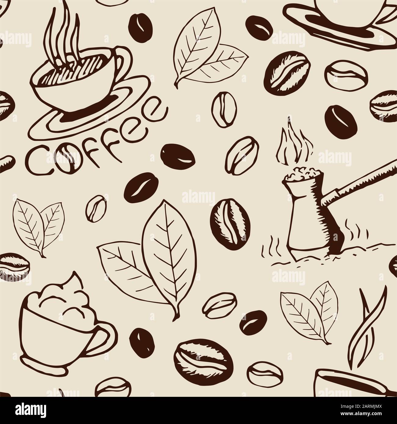 Coffee seamless pattern. Hand drawn repeating background with cups ...