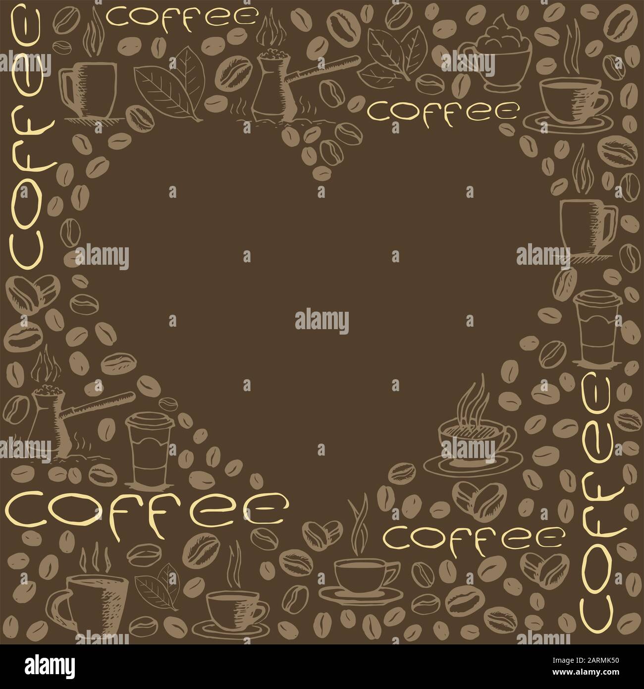 Coffee doodles background with blank heart shape inside. Hand drawn ...