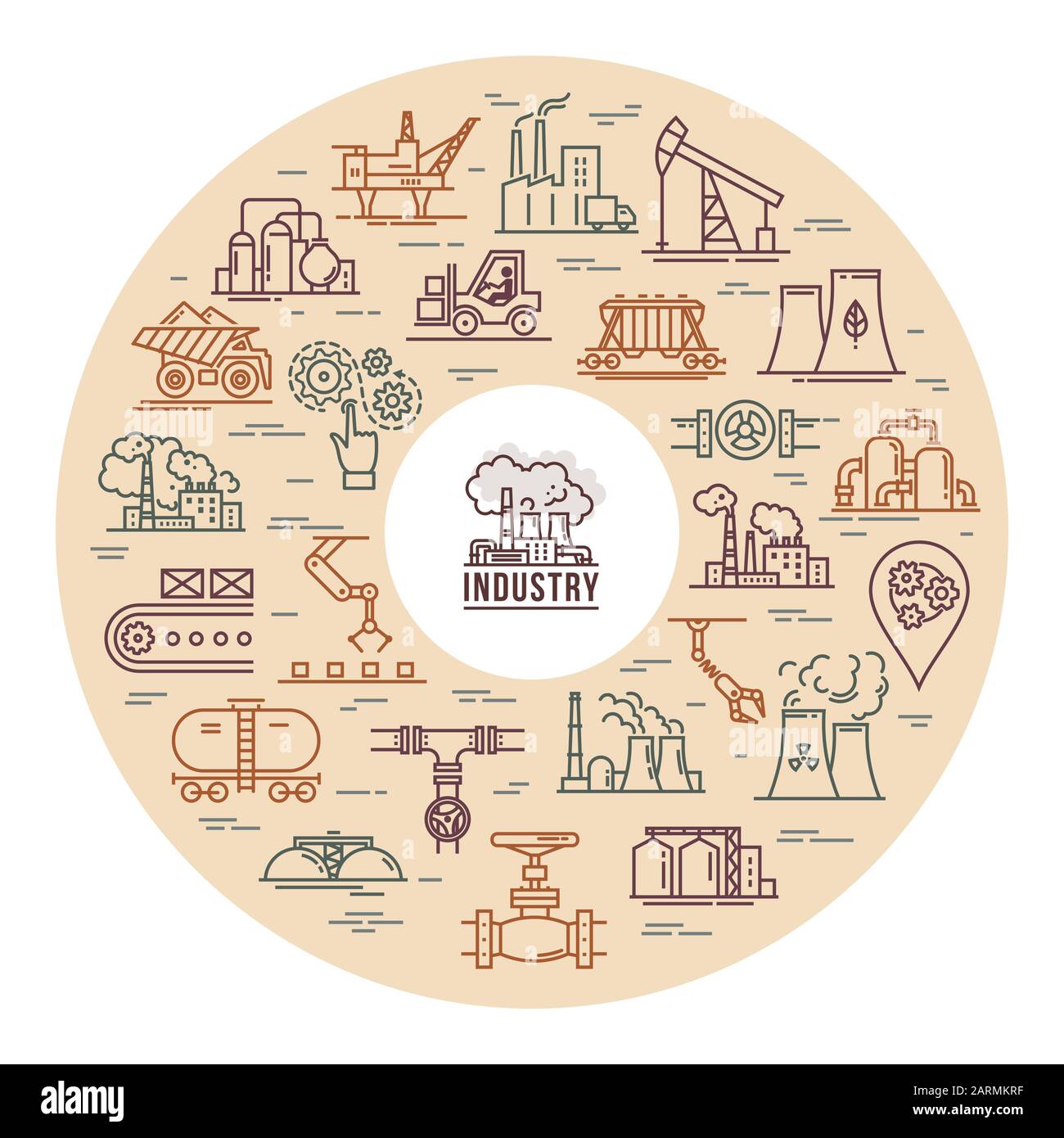 Circular vector concept which consists of linear icons of industrial ...