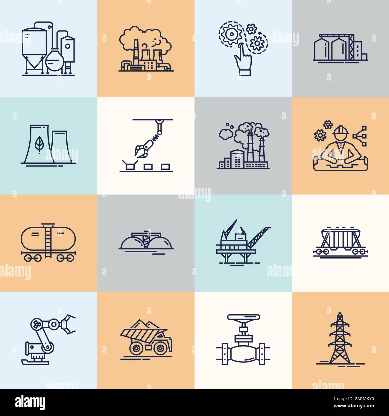 A large vector set of industry icons and production in a linear style ...