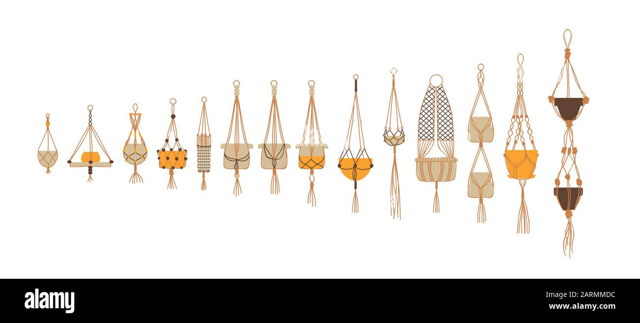 Set of hand crafted macrame planter on isolated white background ...