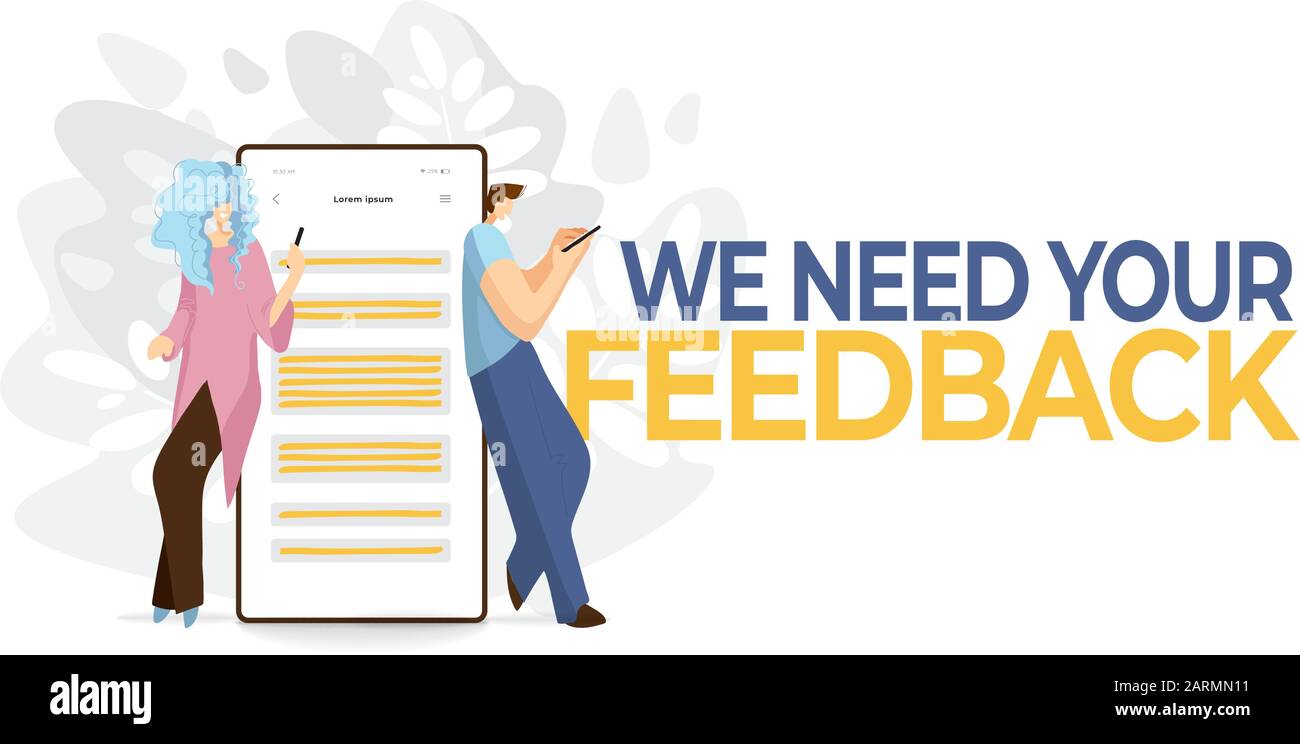 Feedback, survey vector flat concept with people, man and woman sitting ...