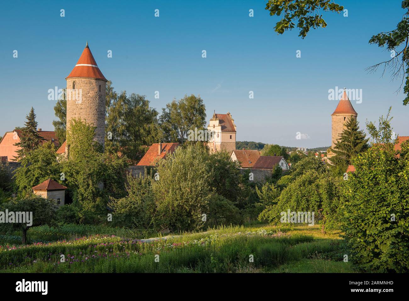 Dinkelsbühl, Germany - July 15, 2019; Medieval wall and tower used as ...
