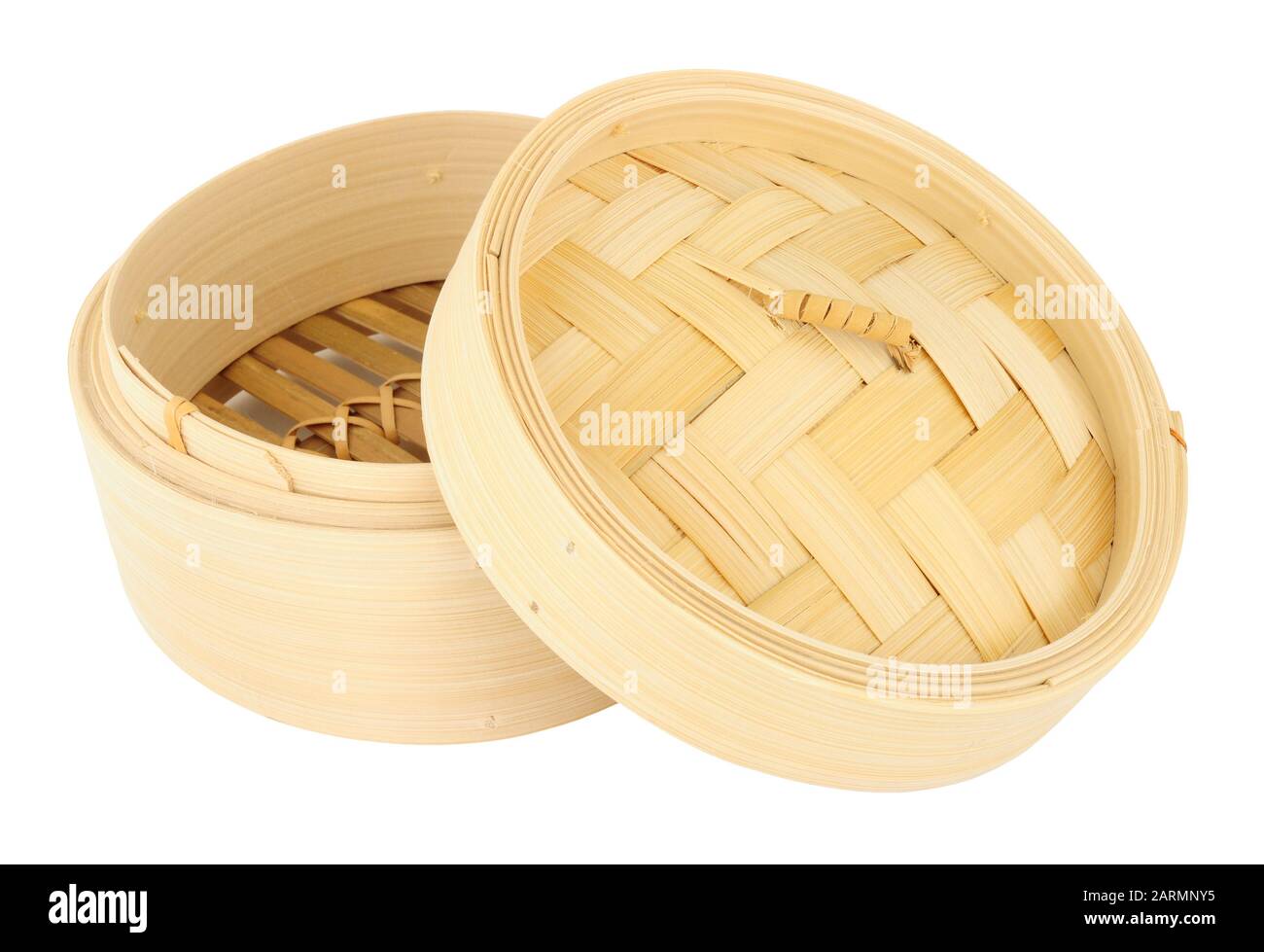 Traditional bamboo cooking steamers isolated on a white background ...