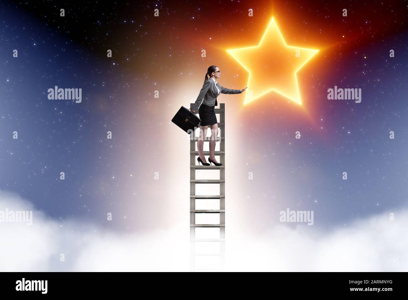 The businesswoman reaching out for stars in success concept Stock Photo ...