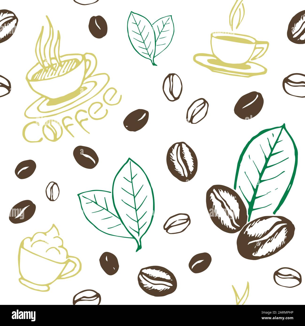 Hand drawn seamless pattern with coffee cups, beans and leaves. Sketchy ...