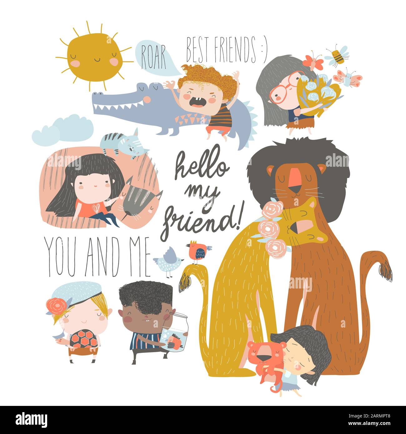 Children hug animals Stock Vector Images - Alamy