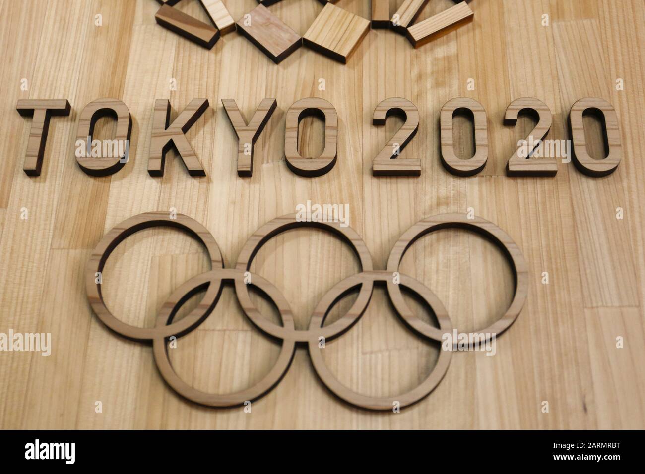 Tokyo, Japan. 29th Jan, 2020. A wooden logo of the Tokyo 2020 Olympic ...