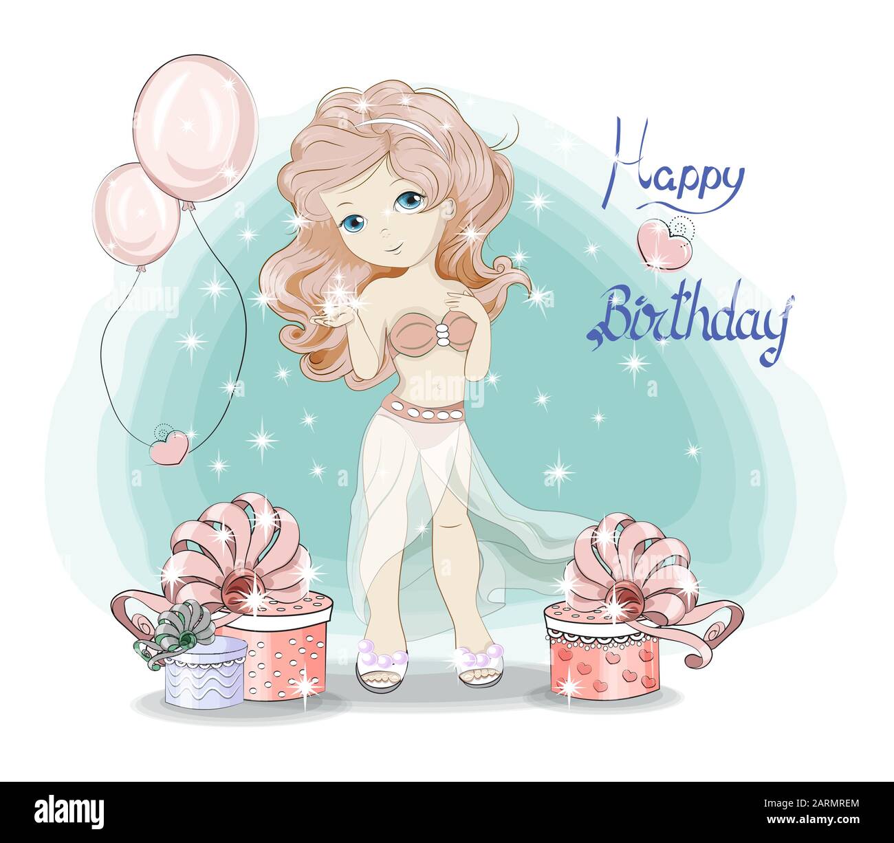 fairy princess Happy birthday card. with gift. stars and balloon ...