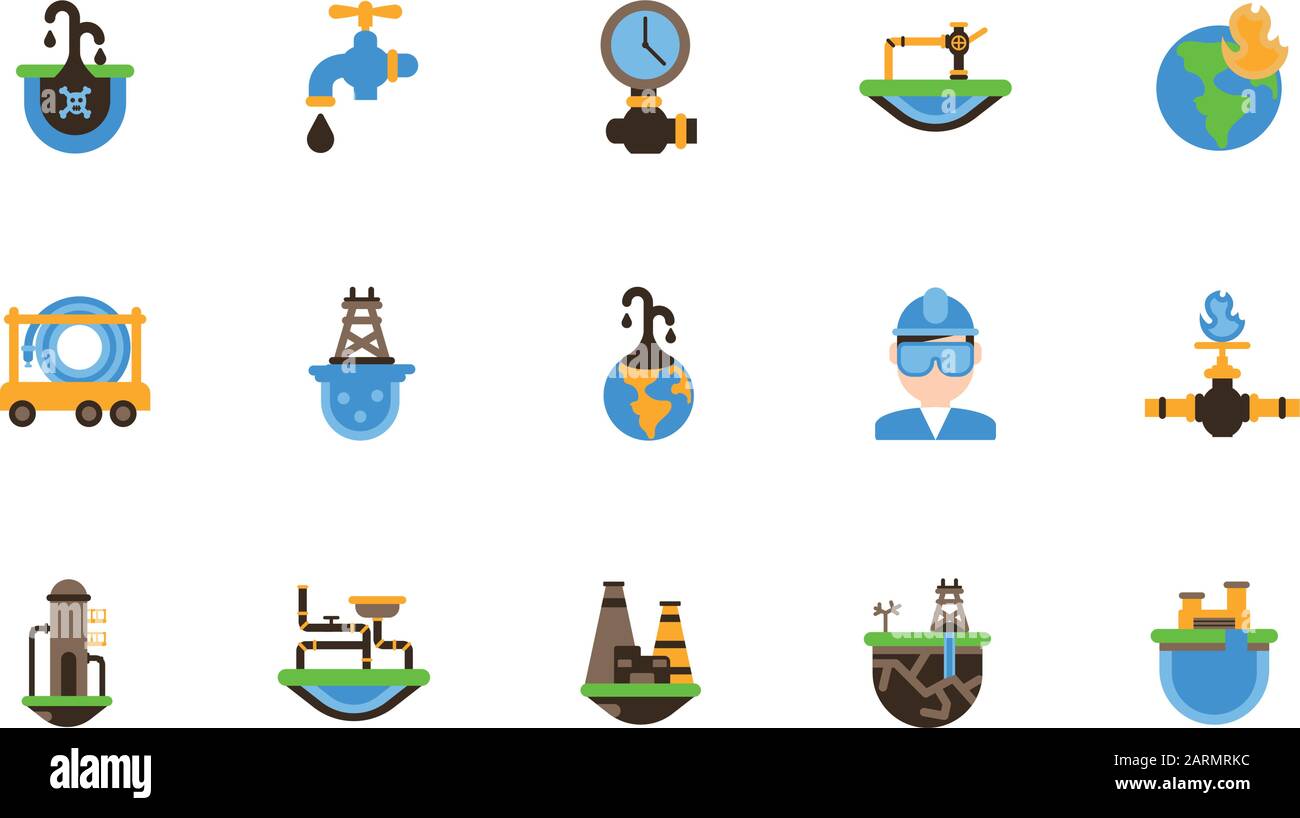 Fracking icon set design, Oil industry fuel technology power industrial ...