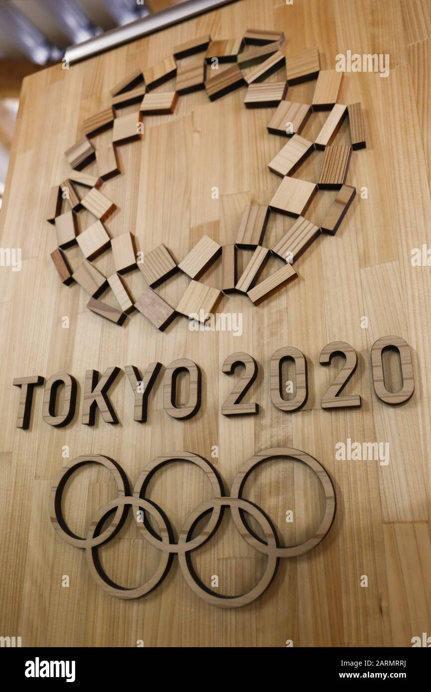 Tokyo, Japan. 29th Jan, 2020. A wooden logo of the Tokyo 2020 Olympic ...