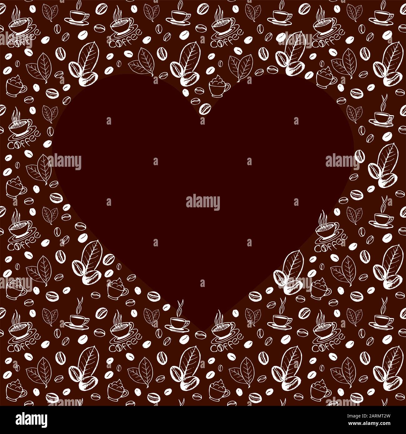 Coffee doodles background with blank heart shape inside. Hand drawn ...