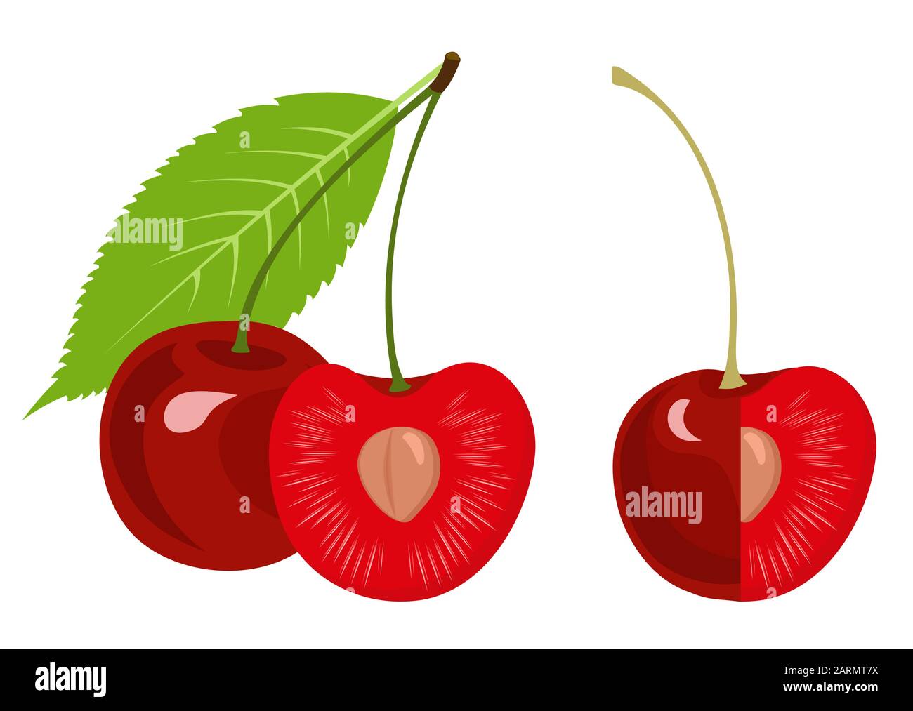 Ripe cherry, half cherry, cherry with a leaf isolated on white ...