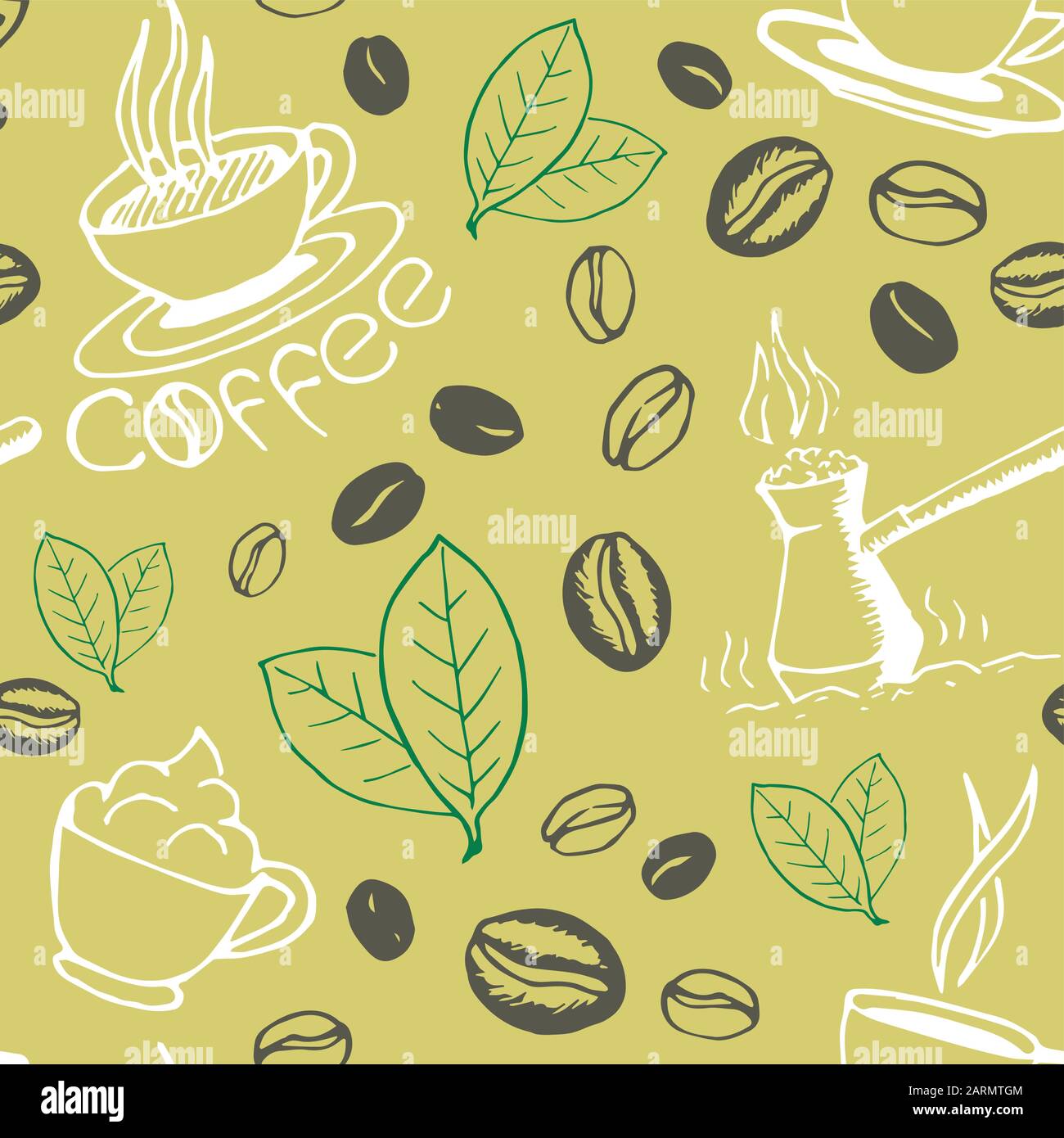 Coffee seamless pattern. Hand drawn repeating background with cups ...