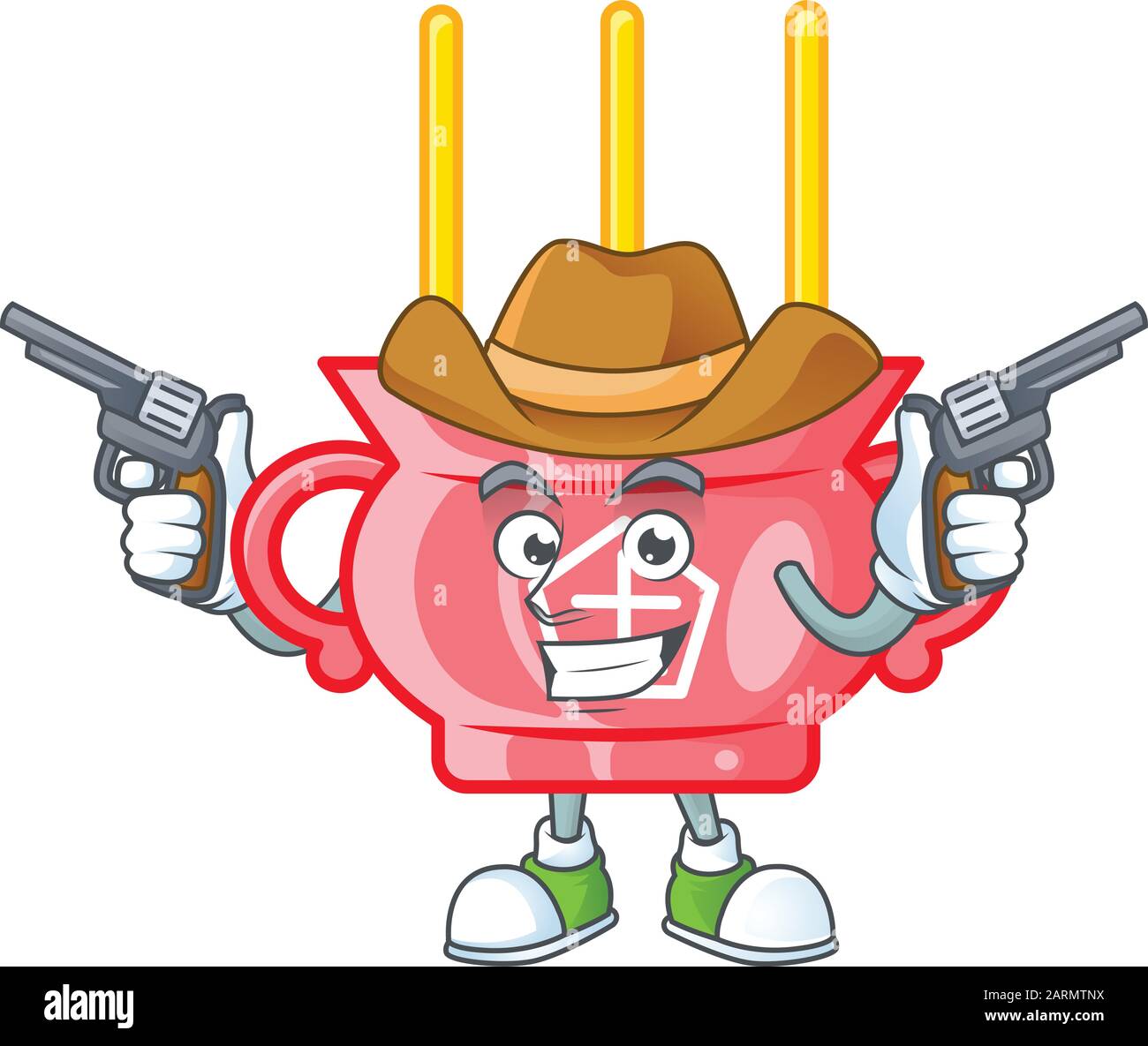 Confident chinese red incense Cowboy cartoon character holding guns ...